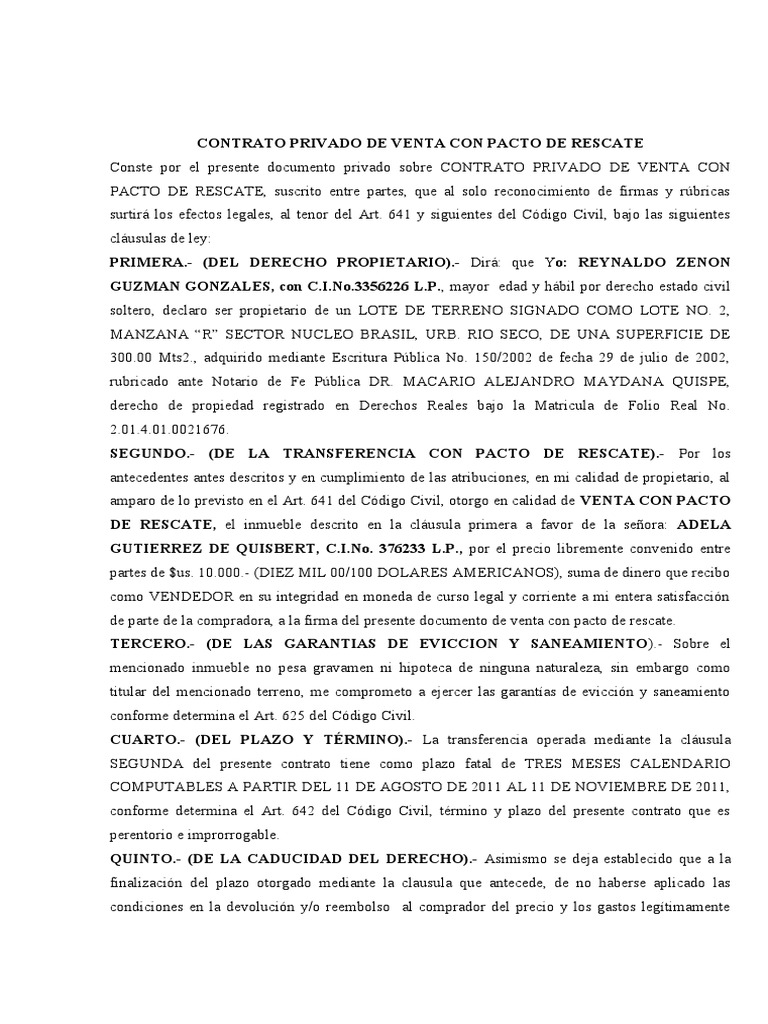 Contrato Venta Con Pacto de Rescate | PDF | Derecho Civil (Common Law ...