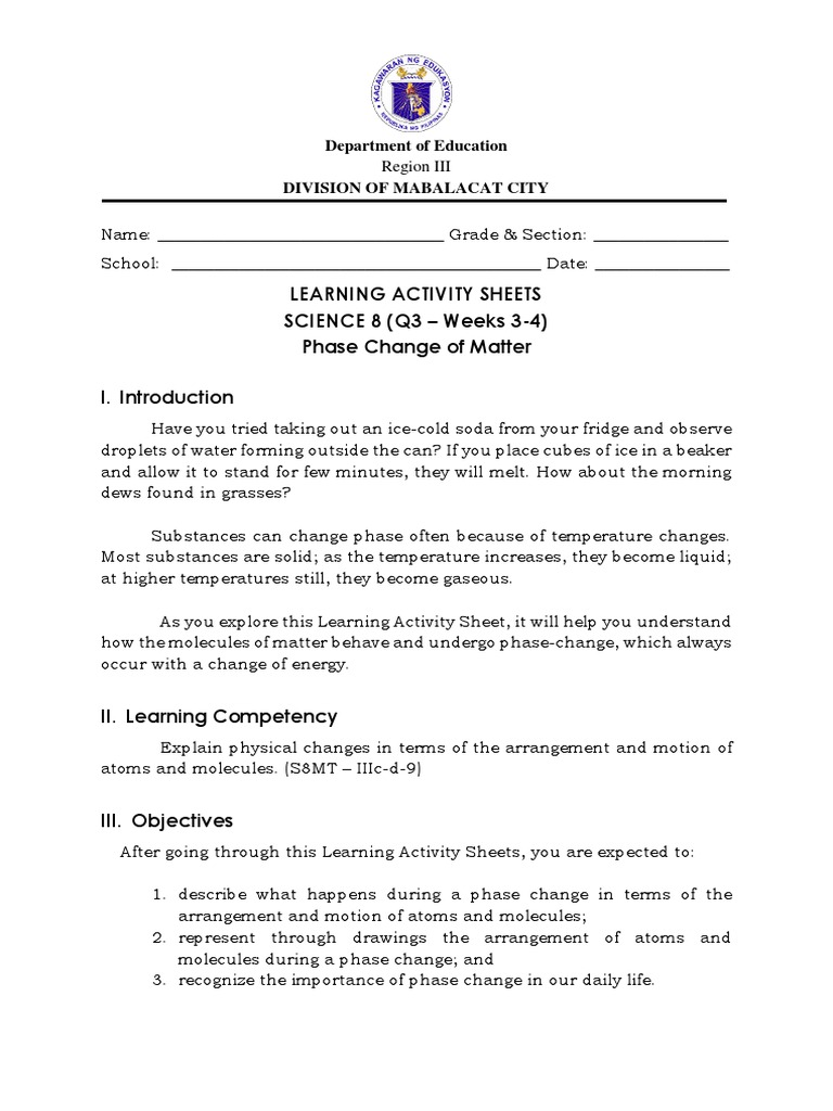 GQA Science 8 Q3 - Wk3 4 - Phase Change of Matter - LRQA | PDF | Gases | Liquids