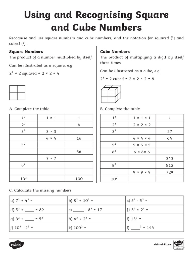 Square Numbers and Cube Numbers Worksheet and Answers | PDF ...