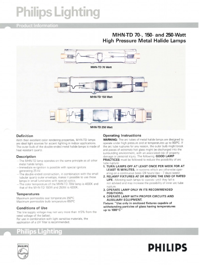 Philips MHN-TD High Pressure Metal Halide Lamps Bulletin 11-89 | PDF | Manufactured Goods | Light