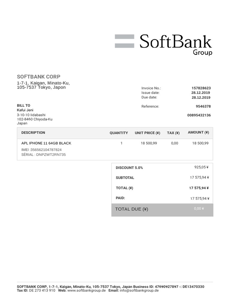 Invoice for the Sale of an iPhone 11 from SoftBank Corp to a Customer ...