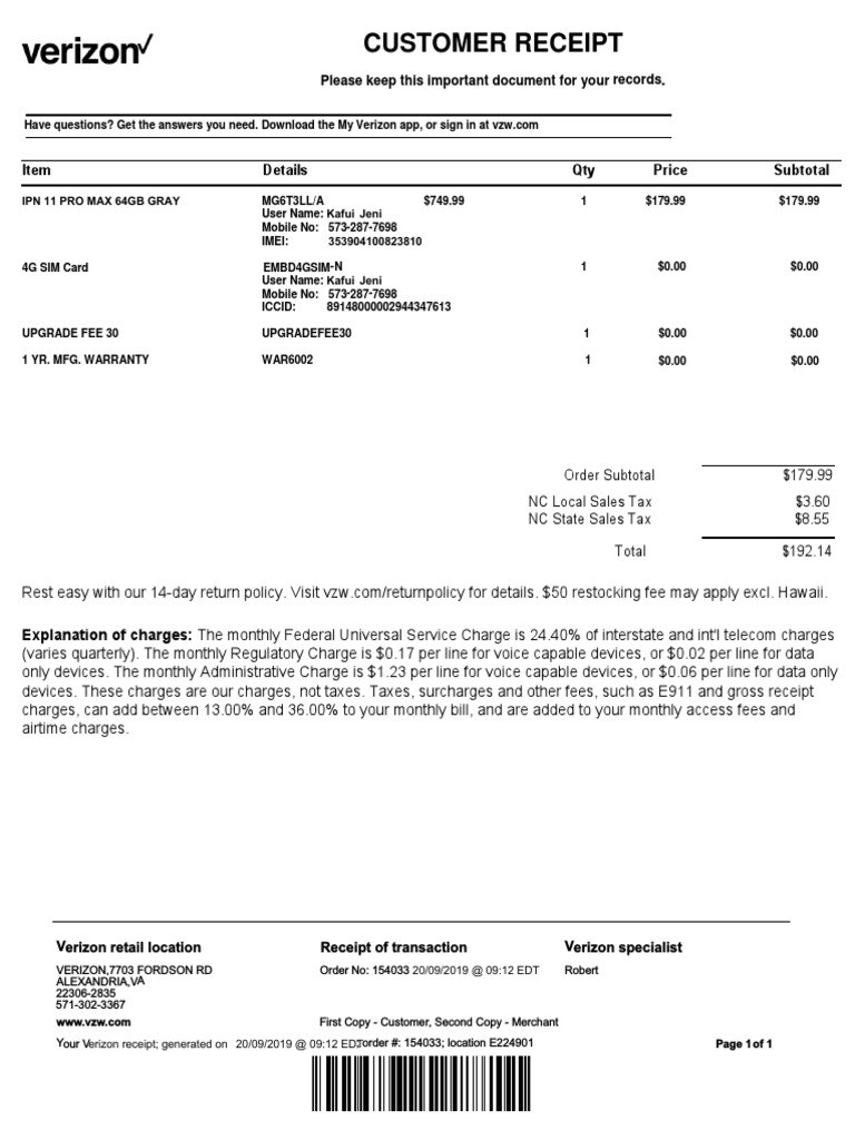 Verizon - Iphn - XR 64gb White - Backup | PDF | Fee | Receipt