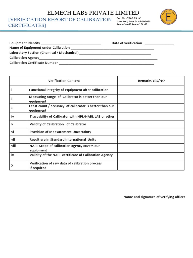 ELPL LF 11 E Verification of Calibration Certificate | PDF