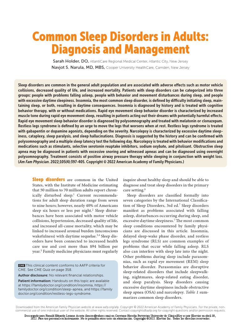 Common Sleep Disorders in Adults Diagnosis and Management | PDF ...