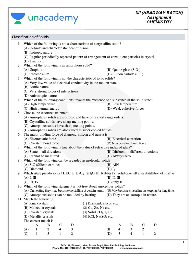 10+2 Assignment-1 - Solid State - Chemistry | PDF | Crystal Structure | Solid