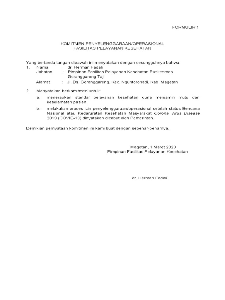 Contoh Format Komitmen Mutu | PDF