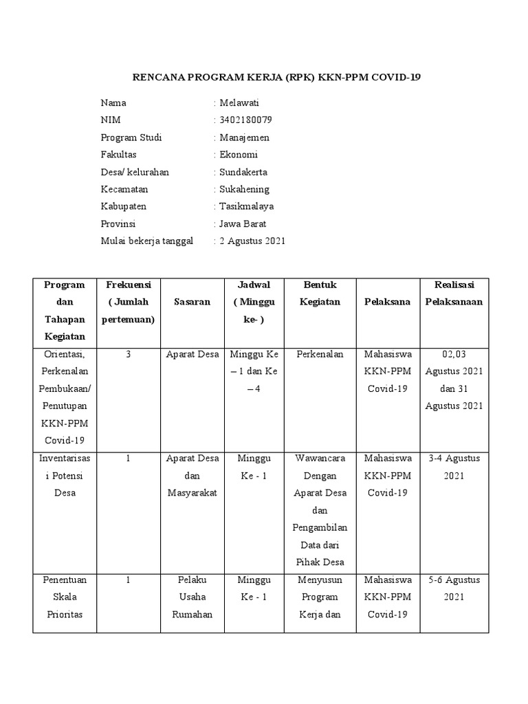 Rencana Program Kerja (RPK) KKN-PPM Covid-19 | PDF | Ilmu Sosial