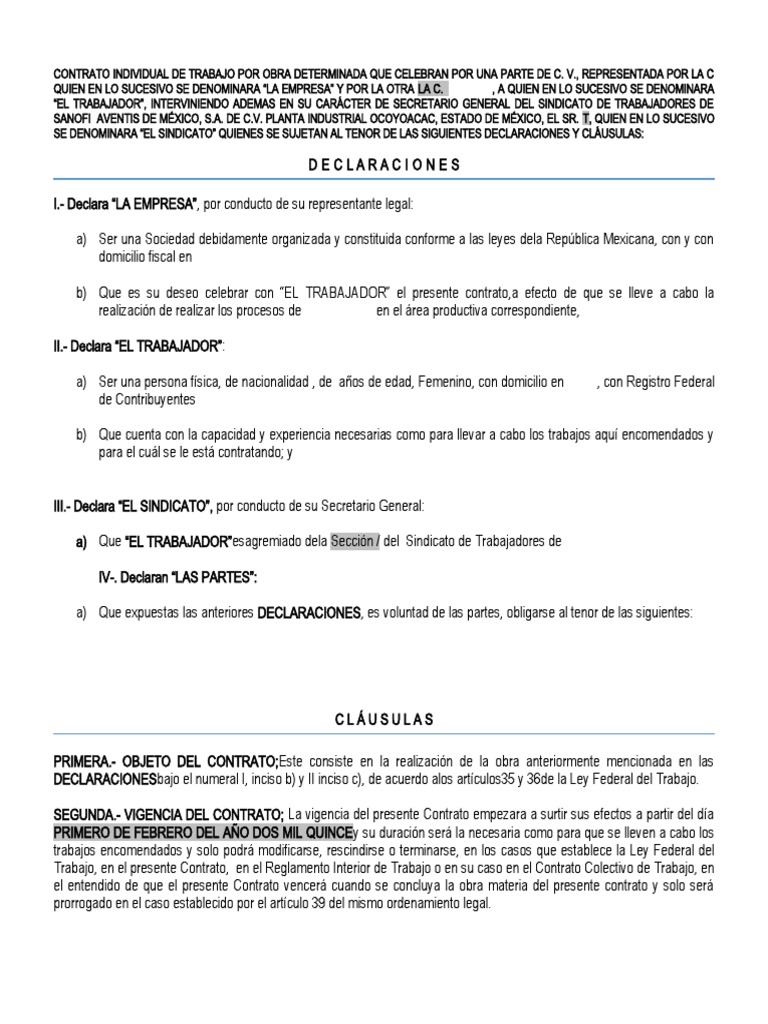 Contrato X Obra Determinada | PDF | Tiempo de trabajo | Salario