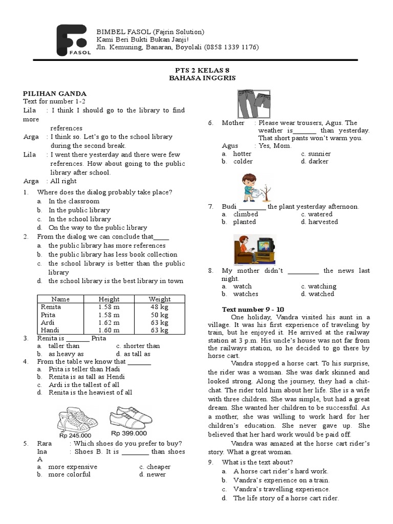 Pts 2 Kelas 8 Bahasa Inggris Pilihan Ganda | PDF | English Language