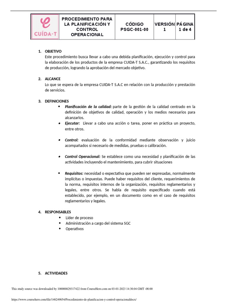 Procedimiento de Control Operacional | PDF | Calidad (comercial ...