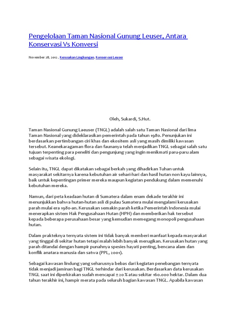 Pengelolaan Taman Nasional Gunung Leuser | PDF