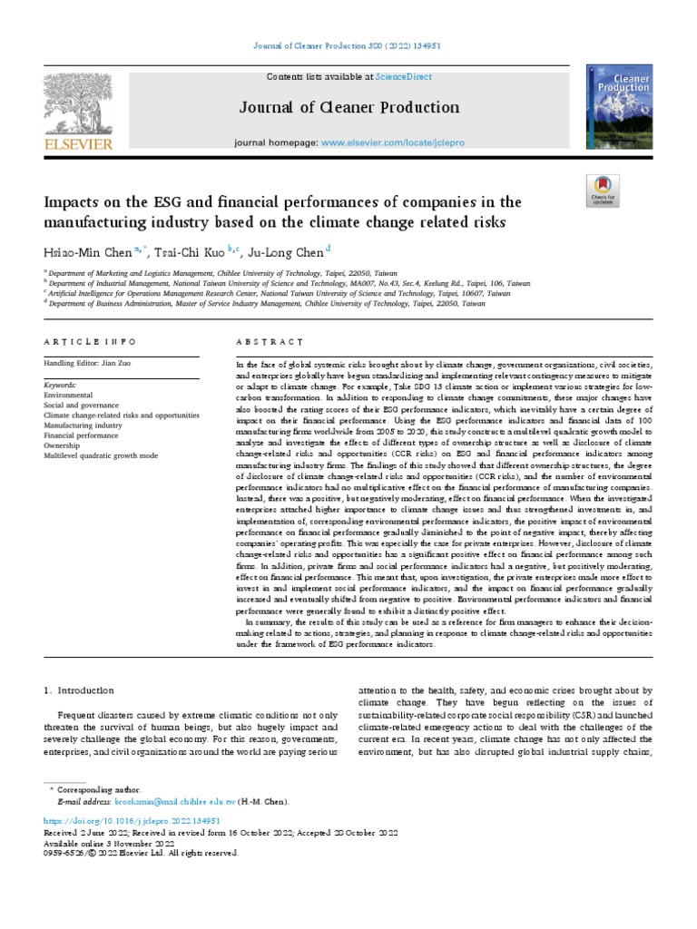 Min Chen Et Al (2022) Impact On The ESG and Financial Performance of Companies in The ...