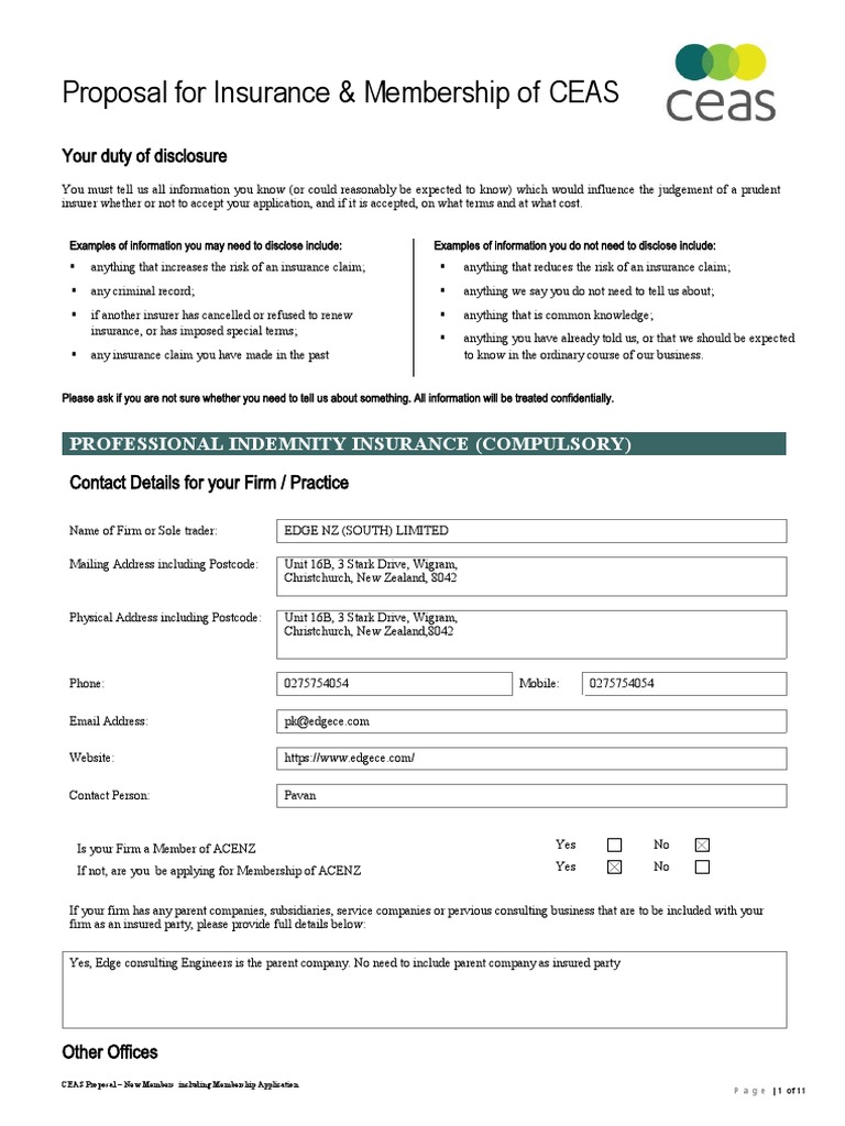 CEAS Proposal - New Prospects (Blank) | PDF | Deductible | Insurance
