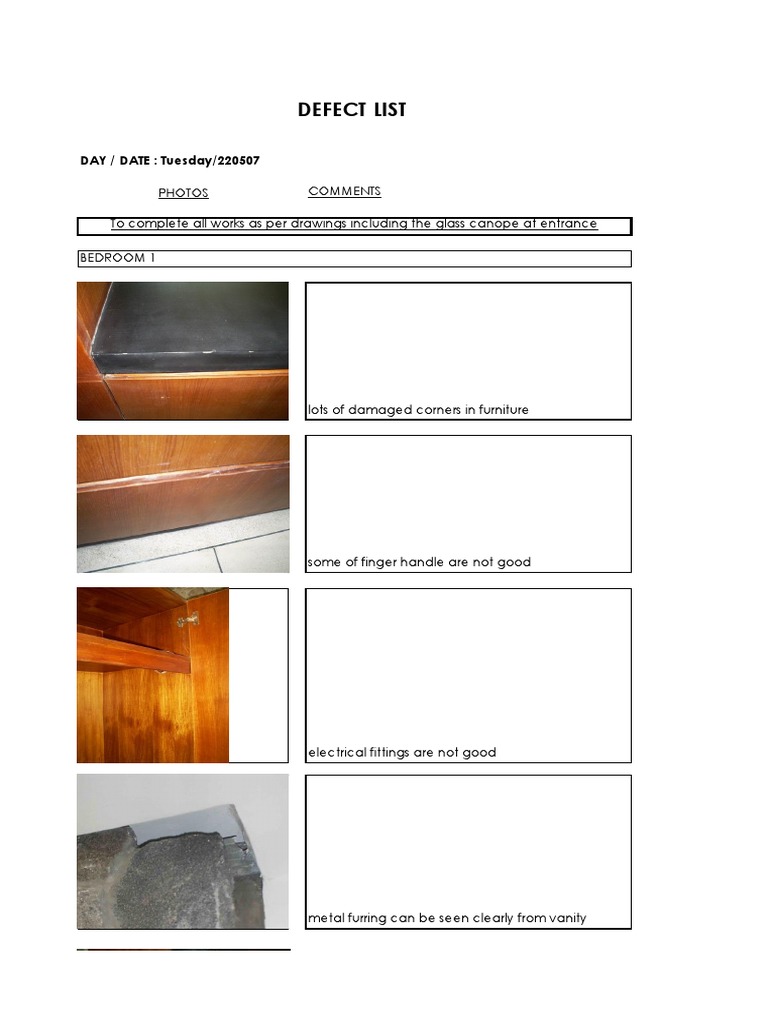 Defects List 220507 | PDF | Bed | Door