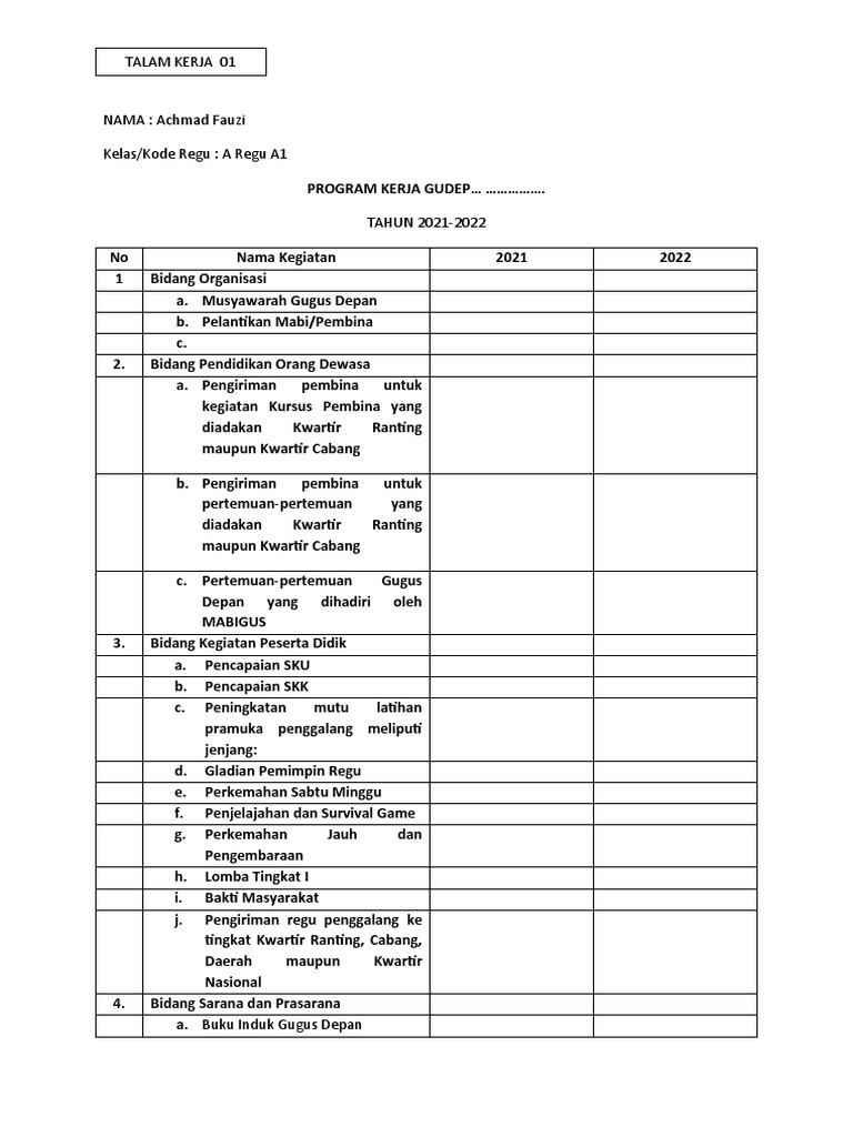 Talam 1 Program Kerja Gudep Kelompok A1 | PDF | Perjalanan