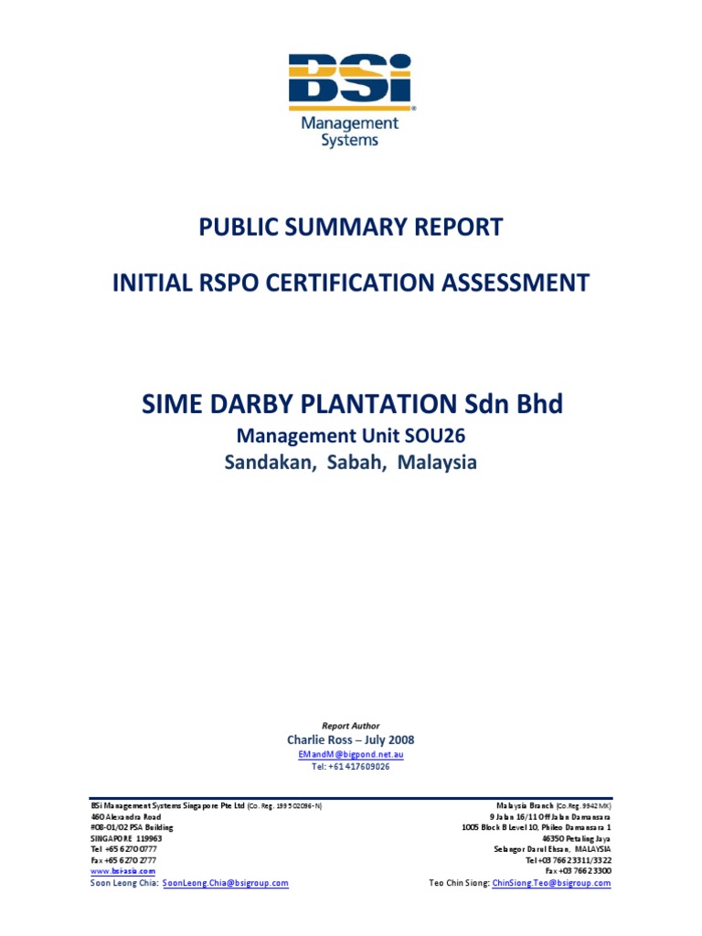 Sime Darby Plantation SDN BHD: Public Summary Report Initial Rspo Certification Assessment | PDF ...