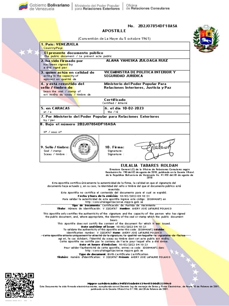 (Conventión de La Haye Du 5 Octobre 1961) : No. 2B2J07854DF18ASA ...