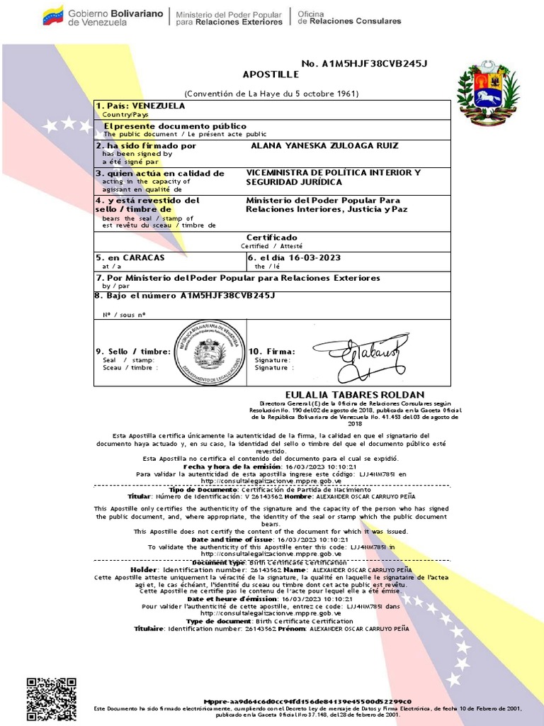Certificado de apostilla de partida de nacimiento emitido en Venezuela ...