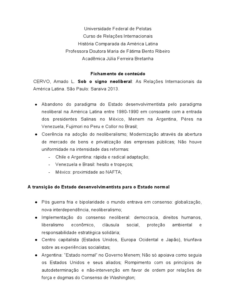 Fichamento - Sob o Signo Neoliberal - As Relações Internacionais Da ...