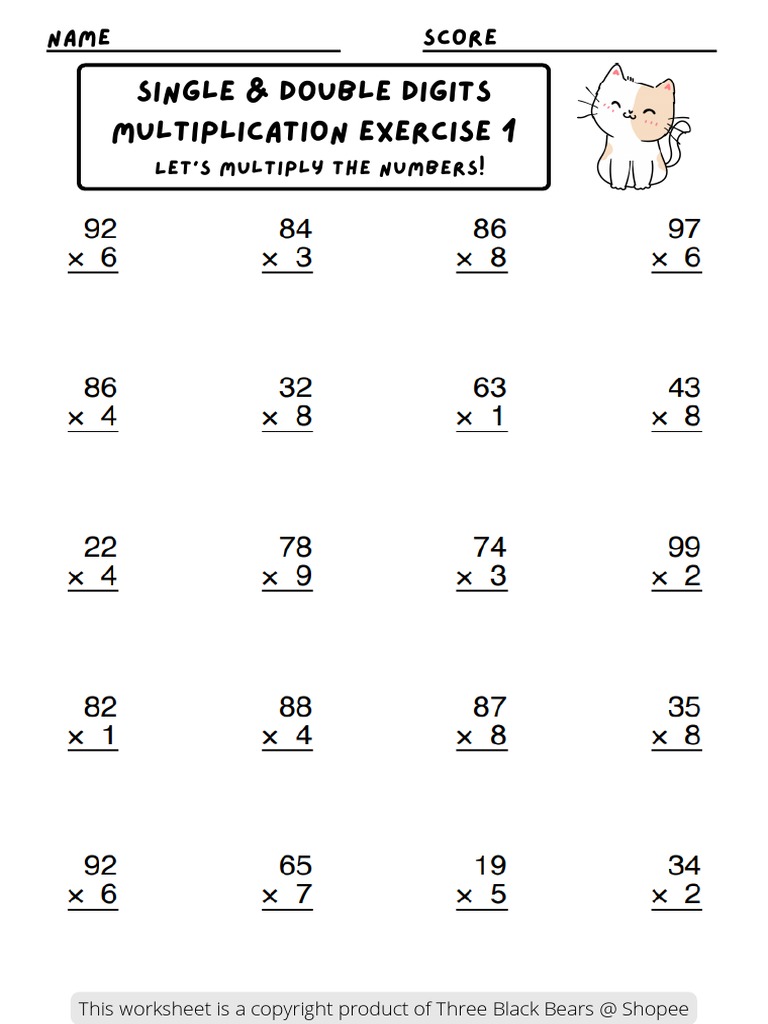 Single & Double Digits Multiplication Exercise 1: Name Score | PDF ...