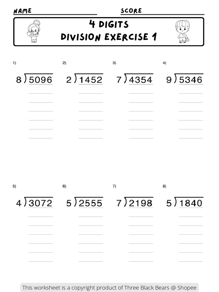 4 Digits Division Exercise 1: Name Score | Download Free PDF | Freedom ...
