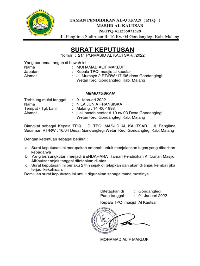 Surat Keputusan: Jl. Panglima Sudirman RT 16 RW 04 Gondanglegi Kab ...