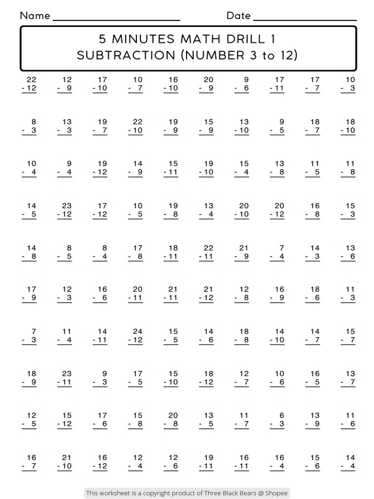 Subtraction - 5 Minute Drill | PDF
