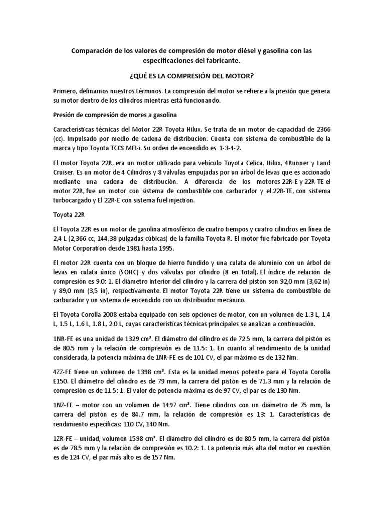 Comparación de Los Valores de Compresión de Motor Diésel y Gasolina Con ...