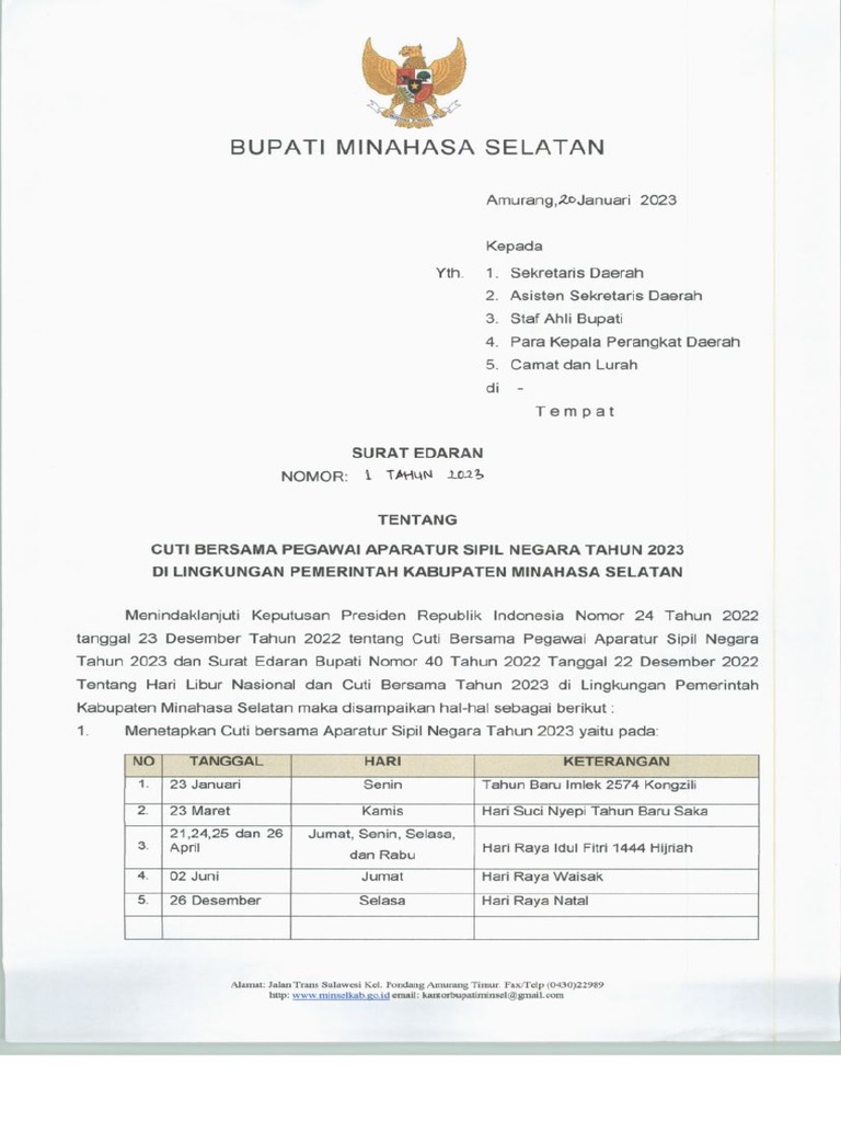 Surat Edaran Tentang Cuti Bersama Pegawai Aparatur Sipil Negara Tahun 2023 Di Lingkungan ...