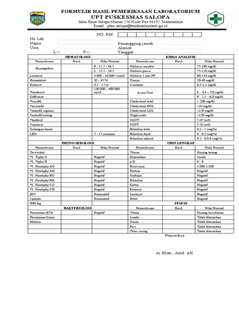 Formulir Hasil Pemeriksaan Laboratorium | PDF