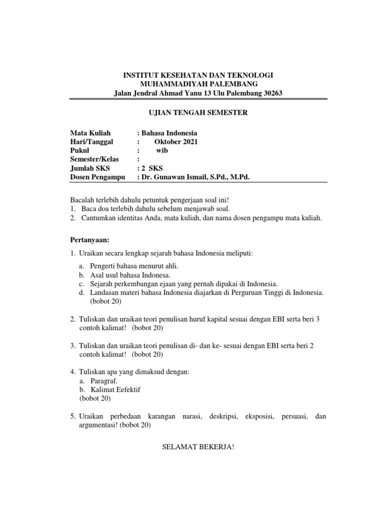 Soal UTS BI IKesT Muhammadiyah | PDF