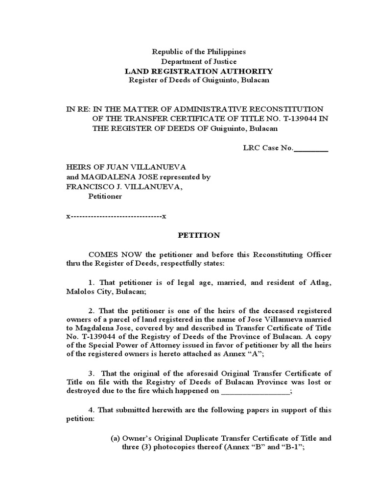 Petition For Administrative Reconstitution of Title | PDF | Government ...
