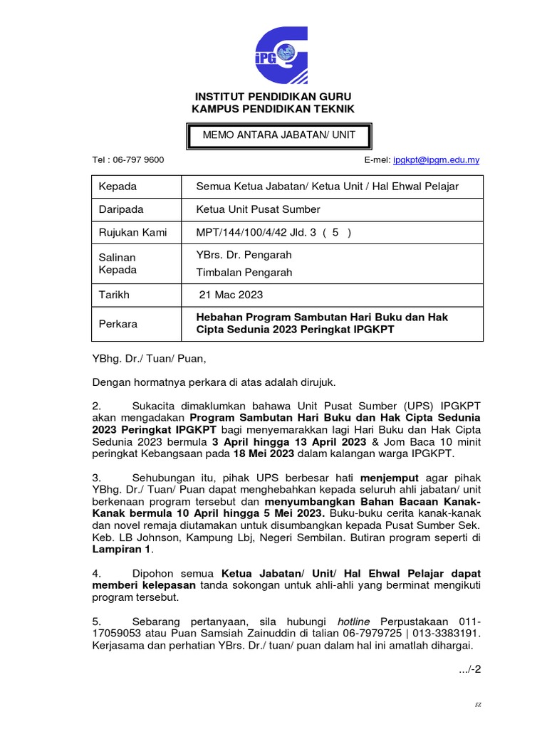 Memo Hebahan Program Sambutan Hari Buku Dan Hak Cipta Sedunia 2023 ...