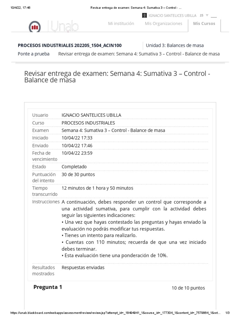 Revisar Entrega de Examen: Semana 4: Sumativa 3 - Control - Balance de Masa | PDF | Destilación ...