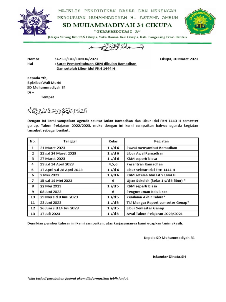 Surat KBM Selama Puasa Dan Semester Genap | PDF