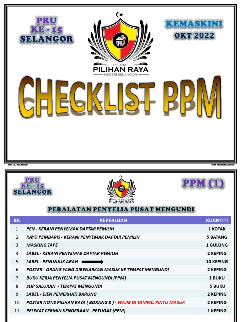 Checklist PPM PRU 15 - Okt 2022 - Parlimen | PDF
