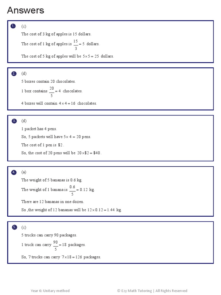 Year 6 Maths Tests - Unitary Method - Answers | PDF