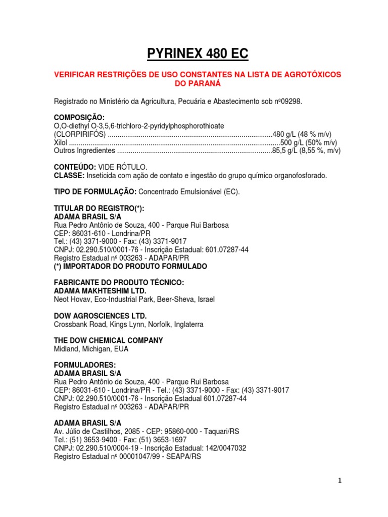 Pyrinex 480 Ec 2016 | PDF | Embalagem e rotulagem | Ambiente natural
