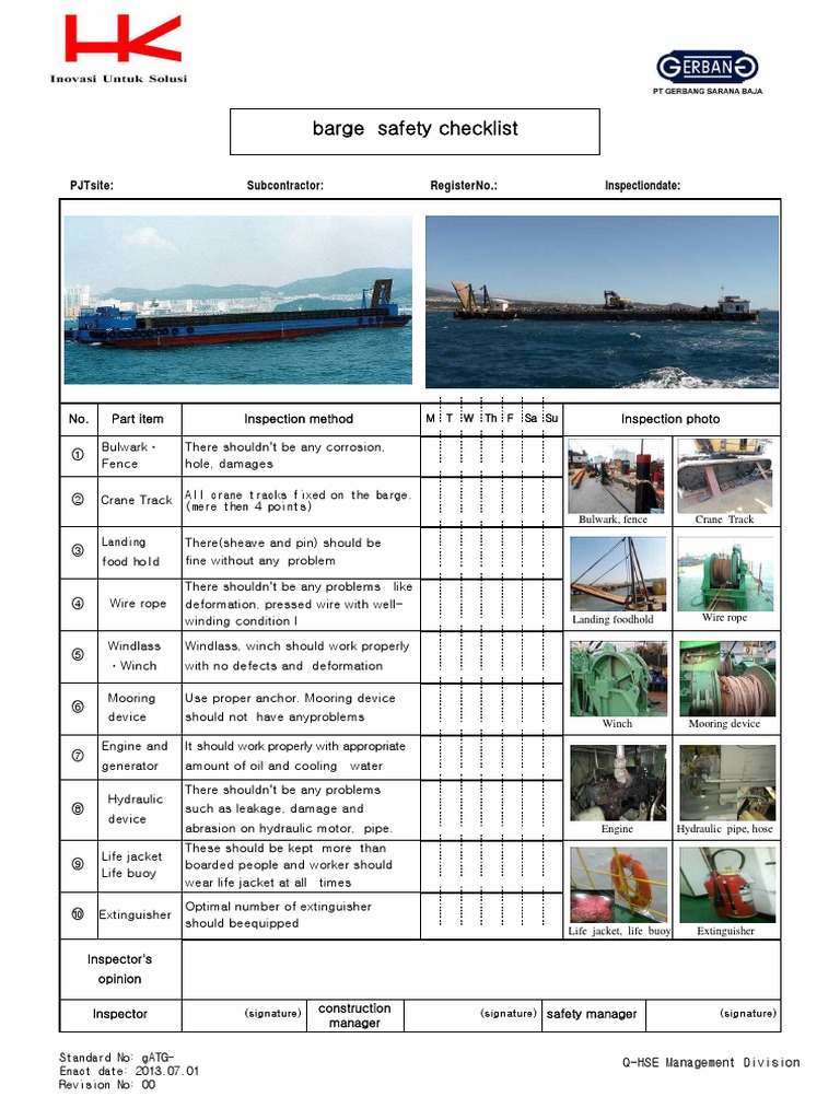 Barge Safety Checklist: Pjtsite: Subcontractor: Registerno ...