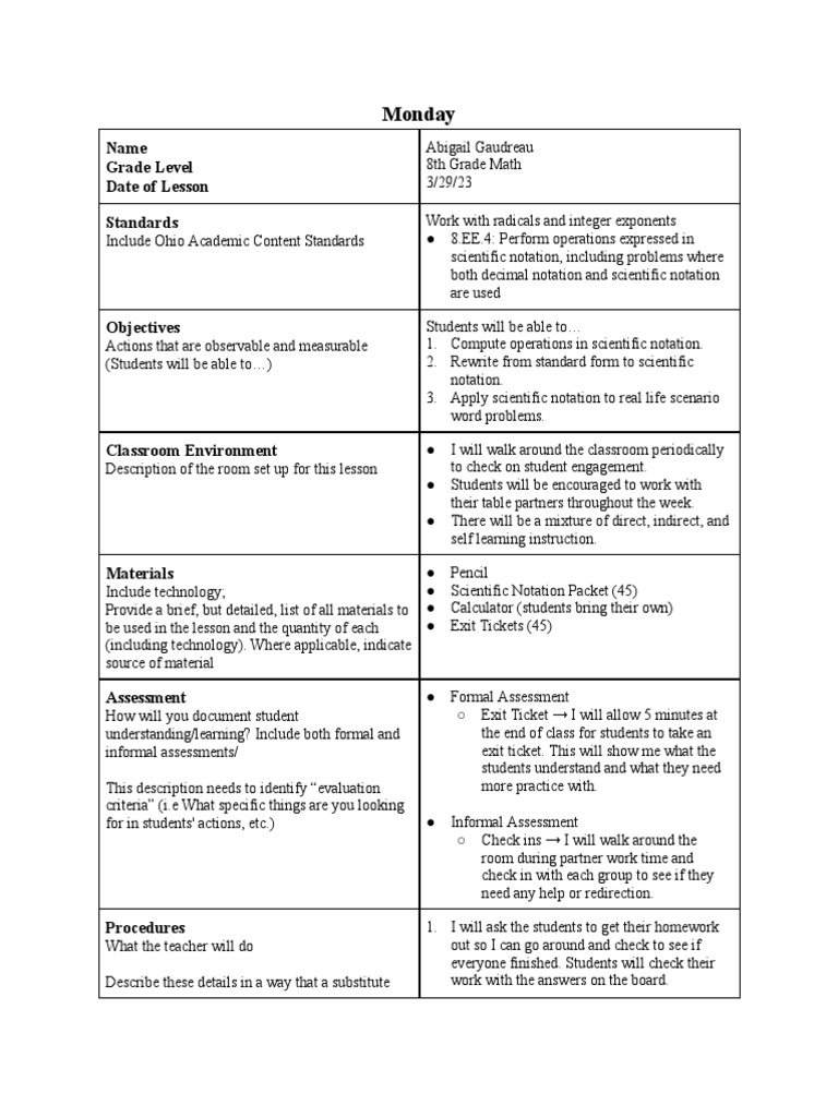 Obersrvation Scientific Notation Lesson Plan 1 | PDF | Lesson Plan | Learning
