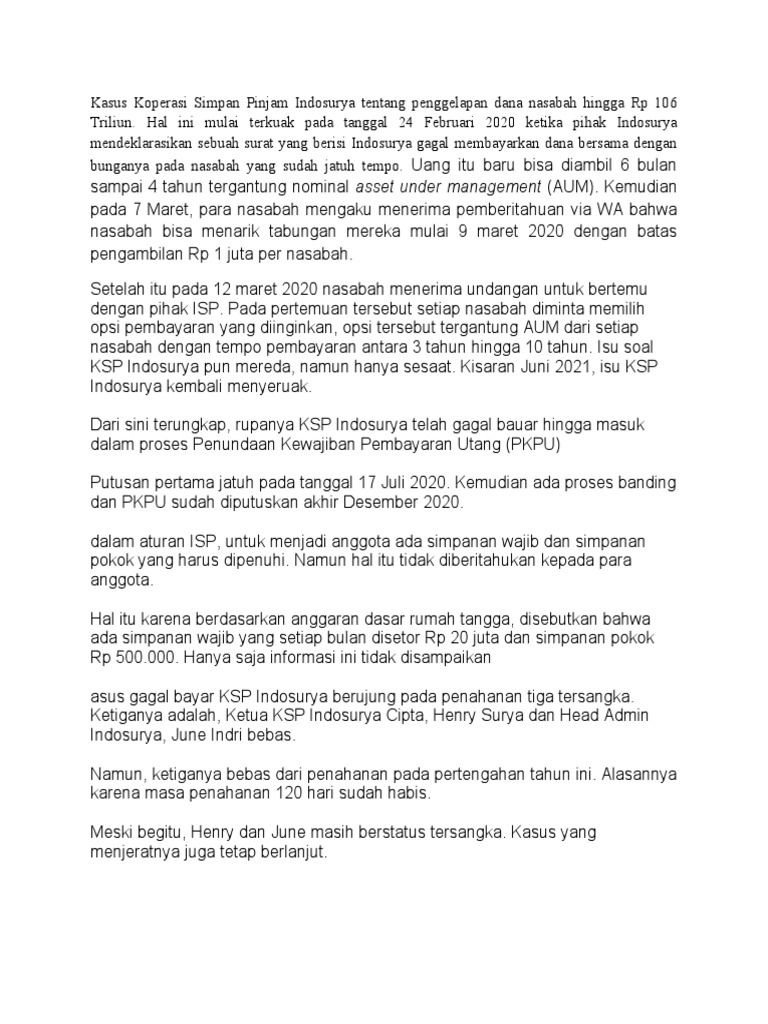 KASUS PENGGELAPAN DANA NASABAH OLEH KOPERASI SIMPAN PINJAM INDOSURYA | PDF KASUS PENGGELAPAN DANA NASABAH OLEH KOPERASI SIMPAN PINJAM INDOSURYA | PDF
