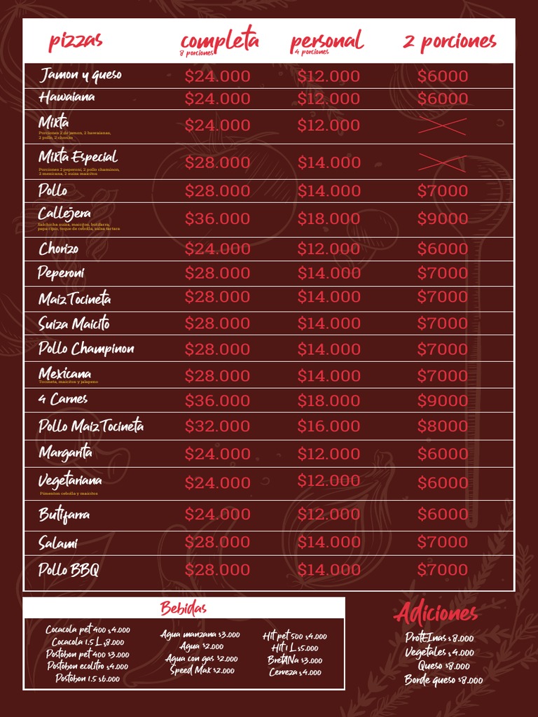 Carta Pizzas Mil LA ORIGINAL | PDF | Alimentos | Cocina
