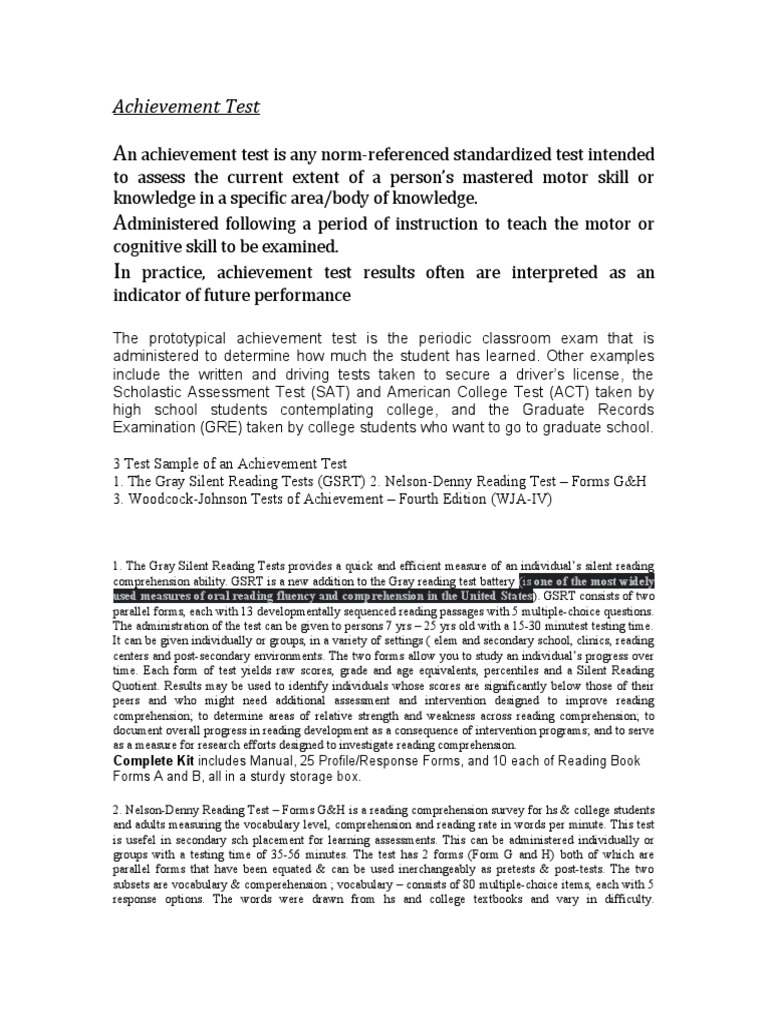 Achievement Test | PDF | Reading Comprehension | Sat