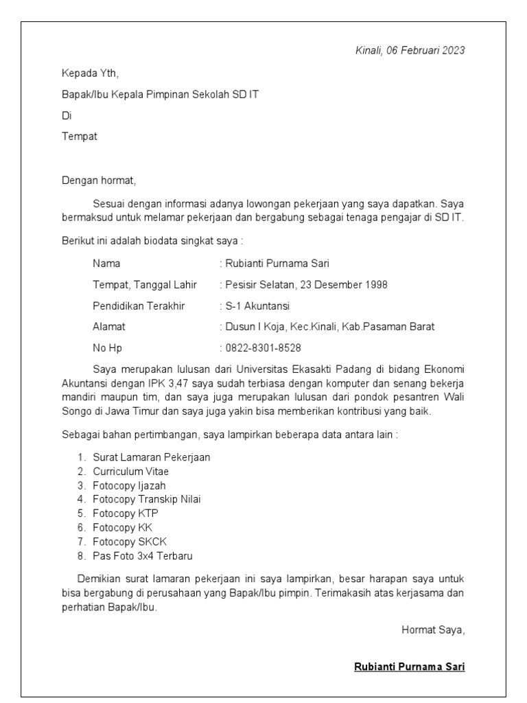 Lamaran SD IT Ruby | PDF