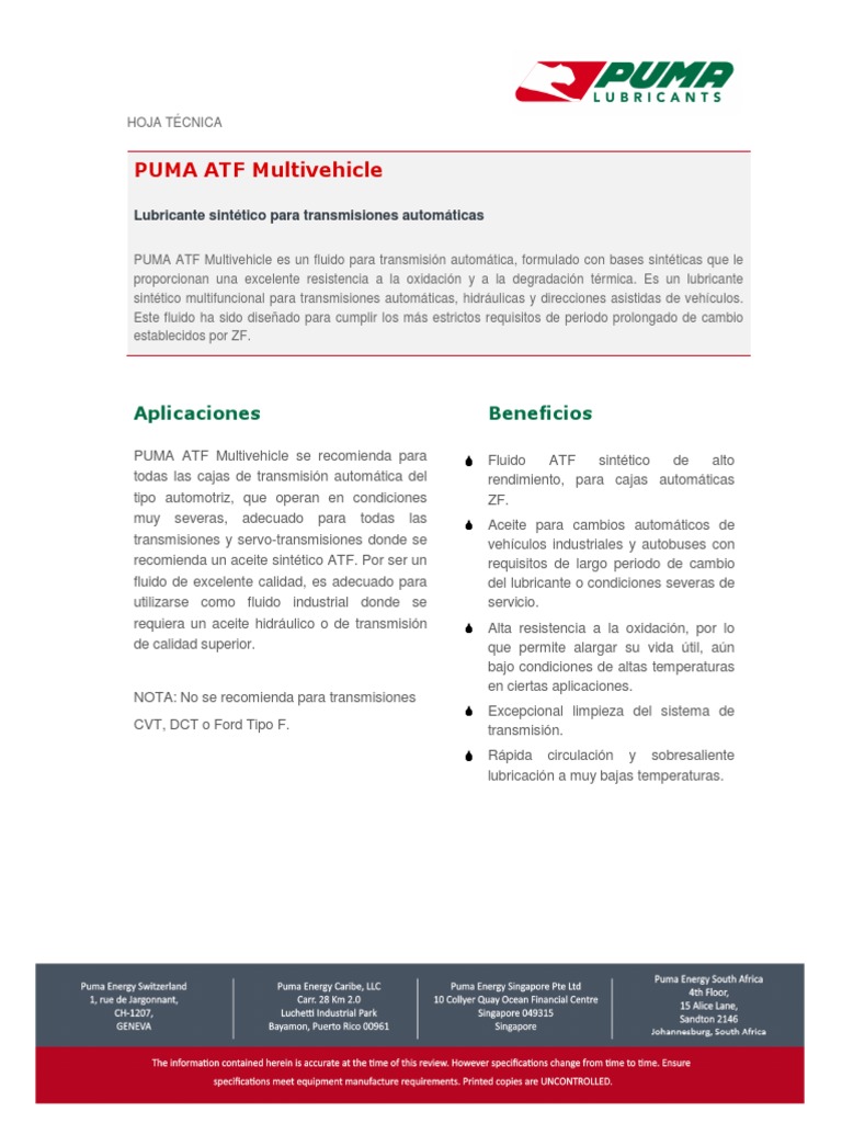 PUMA ATF Multivehicle: Fluido Sintético | PDF | Transmisión automática ...