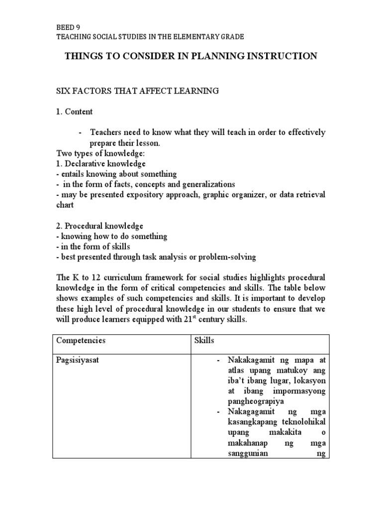 Things To Consider in Planning Instruction | PDF