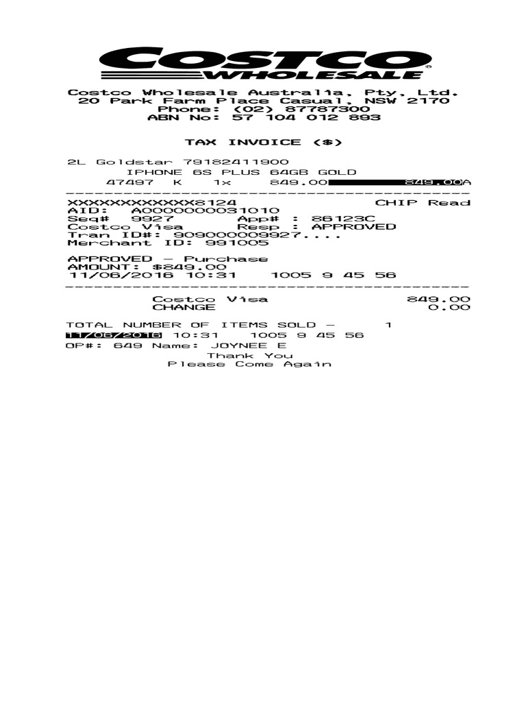 Costco Wholesale Australia Tax Invoice for iPhone 6S Plus Purchase | PDF