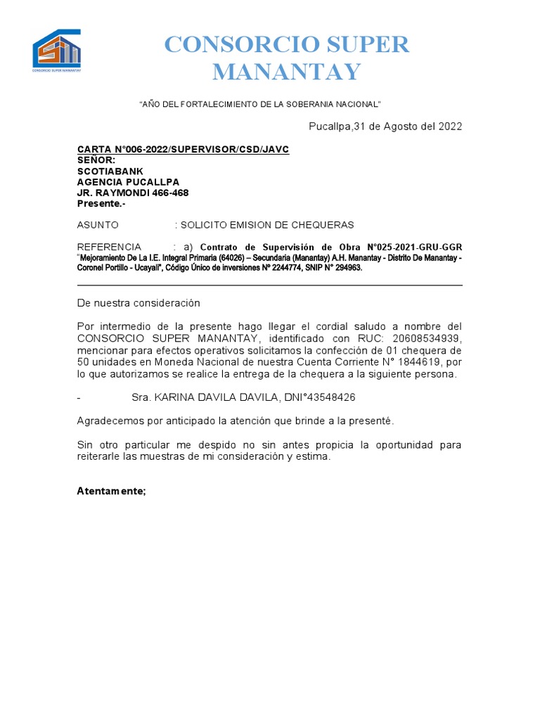 Carta 6. Solicito Chequeras Scotiabank | PDF