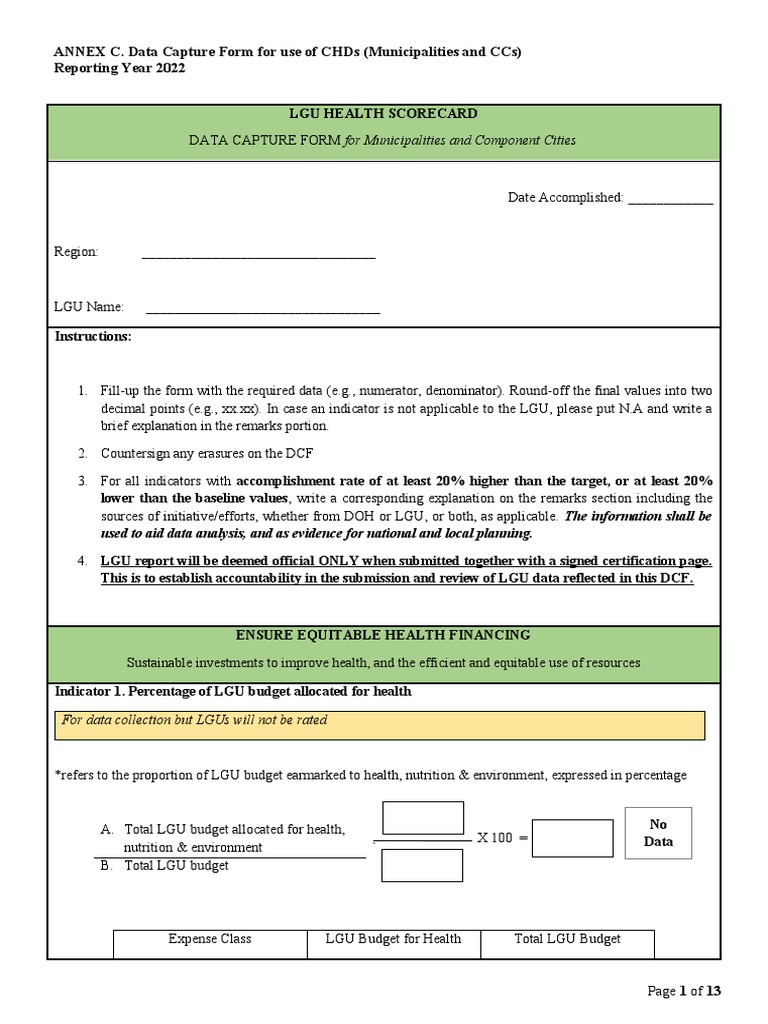Annex C Data Capture Form For Use of CHDs (Municipalities and CCS ...