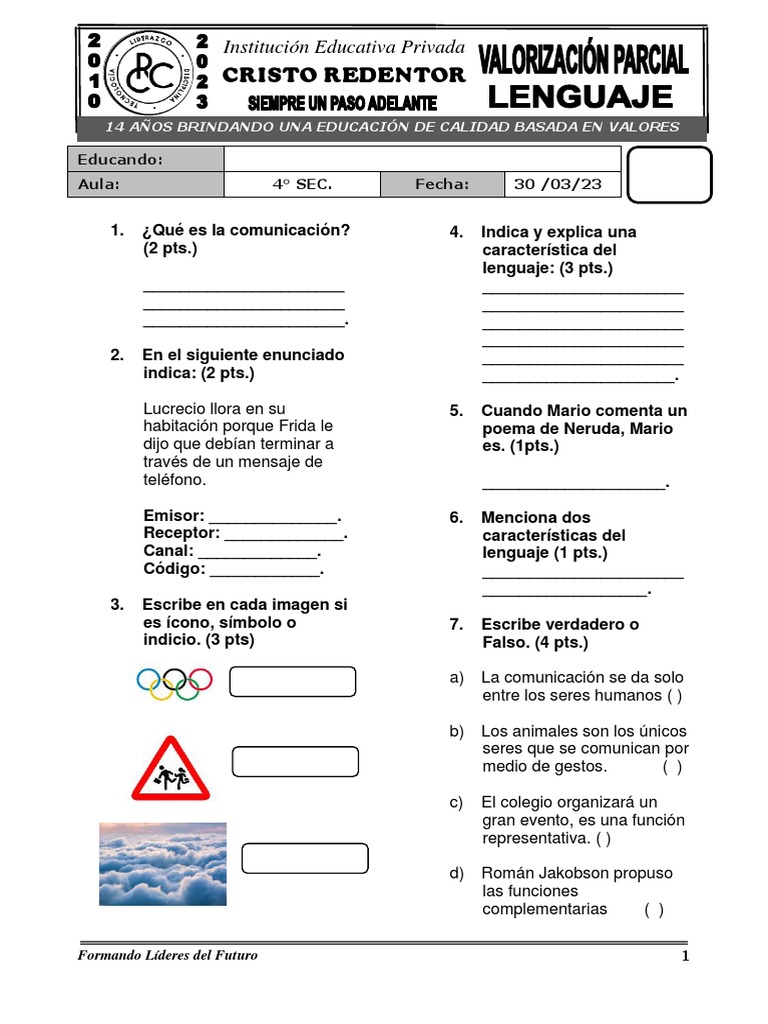 Exámen Mensual lENGUAJE 4SEC. | PDF | Lingüística | Comunicación